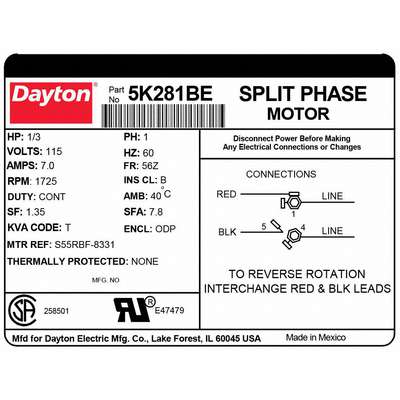 930793 Dayton General Purpose Motor, 1/3 HP, Split-Phase, Nameplate RPM ...
