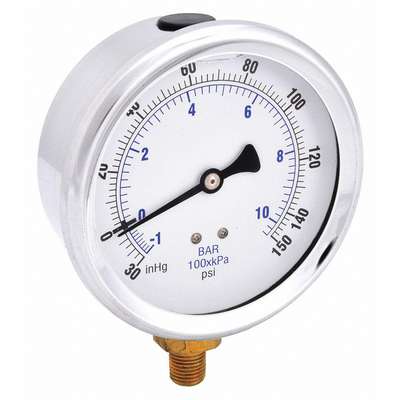 943371-1 Industrial Compound Gauge: 30 to 0 to 150 in Hg/psi, 4 in Dial, Liquid-Filled, Bottom ...