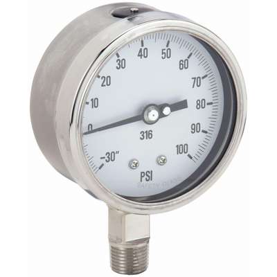 943571-6 Industrial Compound Gauge: 30 to 0 to 100 in Hg/psi, 4 in Dial, 1/2 in NPT Male, Bottom ...