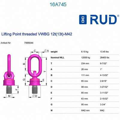 914702-5 Rud Chain Bolt-On Hoist Ring, M42 x 4.5 Thread Size, 26,400 lb ...