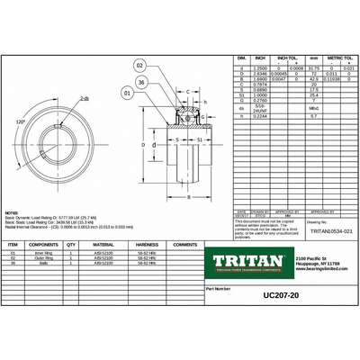 937917-6 Insert Bearing: UC207-20, 1 1/4 in Bore, 2 53/64 in OD, 0.787 ...