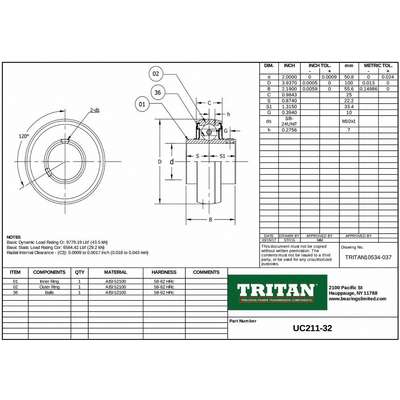 937748 Insert Bearing: UC211-32, 2 in Bore, 3 59/64 in OD, 0.984 in ...