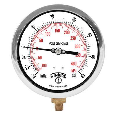 935346-6 WINTERS INSTRUMENTS Compound Gauge: 30 to 0 to 60" Hg/psi, 4 1/2" Dial, 1/4" NPT Male ...