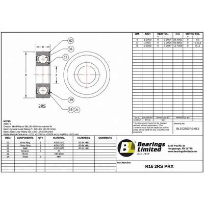 BL R16 2RS PRX Radial Ball Bearing - 1" Bore, 2" OD | Imperial Supplies