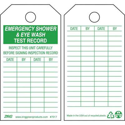 913401-9 Zing Emergency Shower and Eye Wash Test Record Tag, Plastic ...
