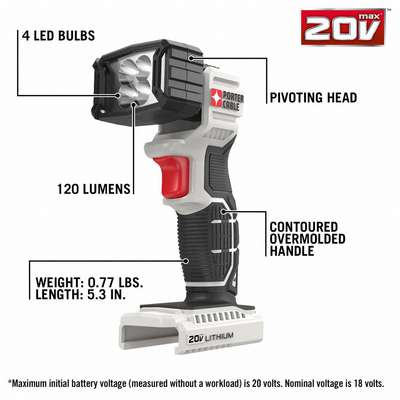 918063-2 Porter Cable Cordless Flashlight: 20.0 V, Bare Tool, LED, 120 ...