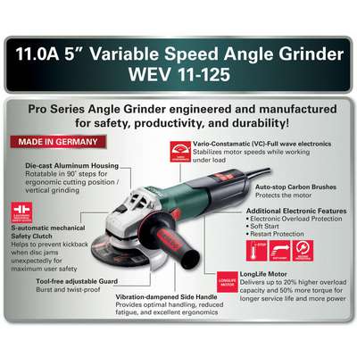 935560-8 Metabo Angle Grinder: 11 A Current, 10,500 RPM Max. Speed ...