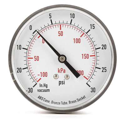 943736-1 Commercial Compound Gauge: 30 to 0 to 30 in Hg/psi, 3 1/2 in Dial, 1/4 in NPT Male ...